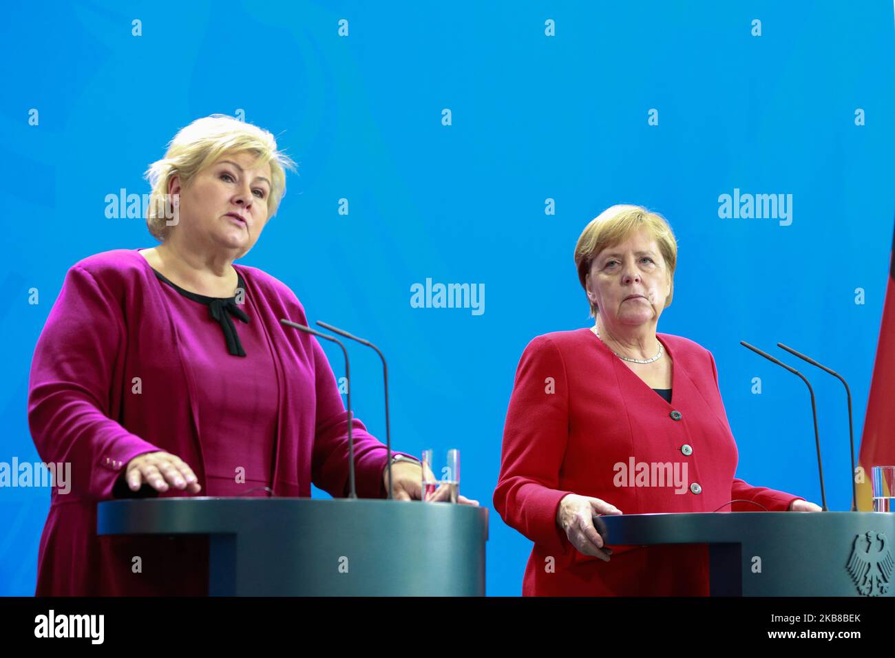 German Chancellor Angela Merkel and Prime Minister of Norway Erna Solberg speak to the media ...