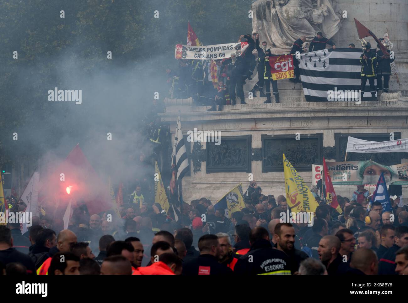 Firefighters protest at place de la Republique, during the day of ...