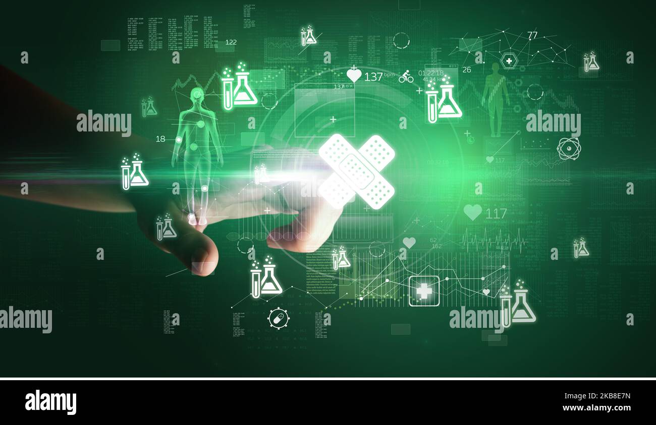 Doctor hand pressing futuristic health device with medical symbol on screen Stock Photo - Alamy