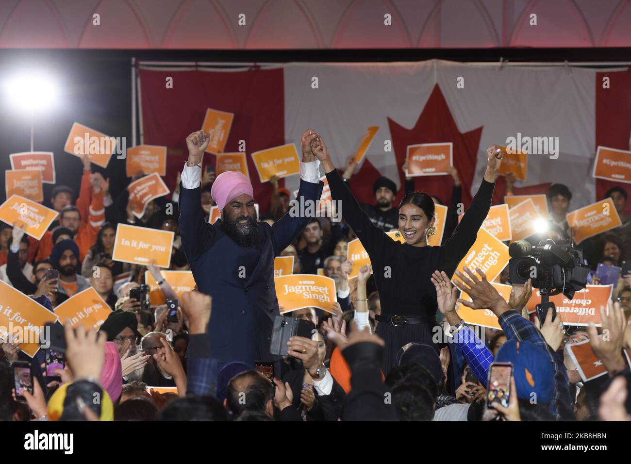 NDP Leader Jagmeet Singh and his wife Gurkiran Kaur speaks in an ...
