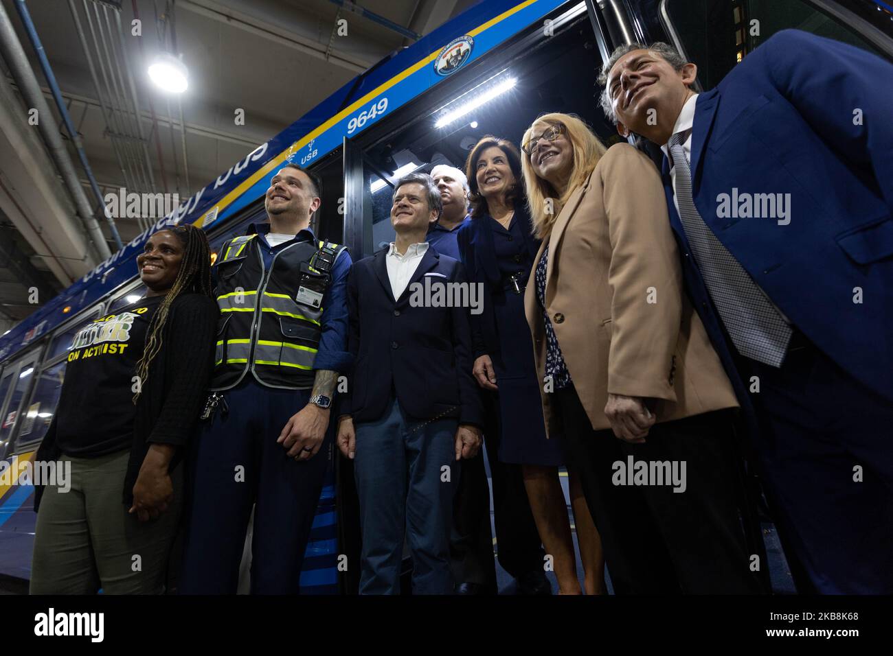 NY Governor Kathy Hochul with transport workers at the Quill bus depot ...
