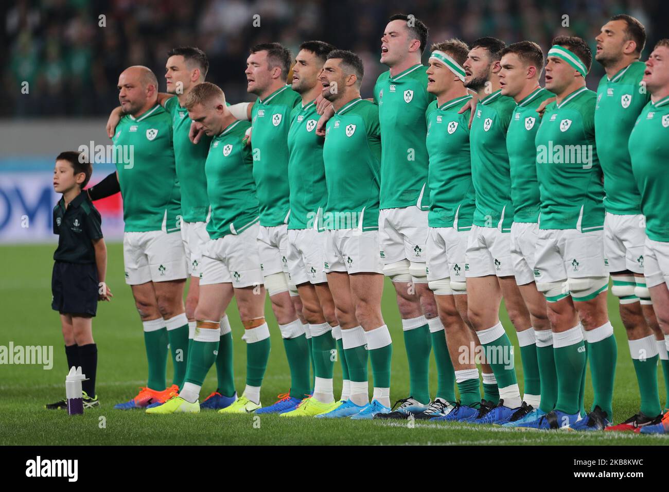 The Ireland players line up for the national anthem prior to the Rugby ...