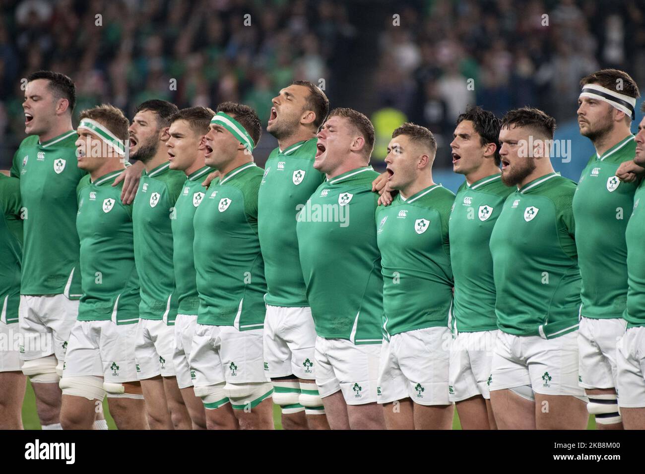 The Ireland players line up for the national anthem prior to the Rugby ...