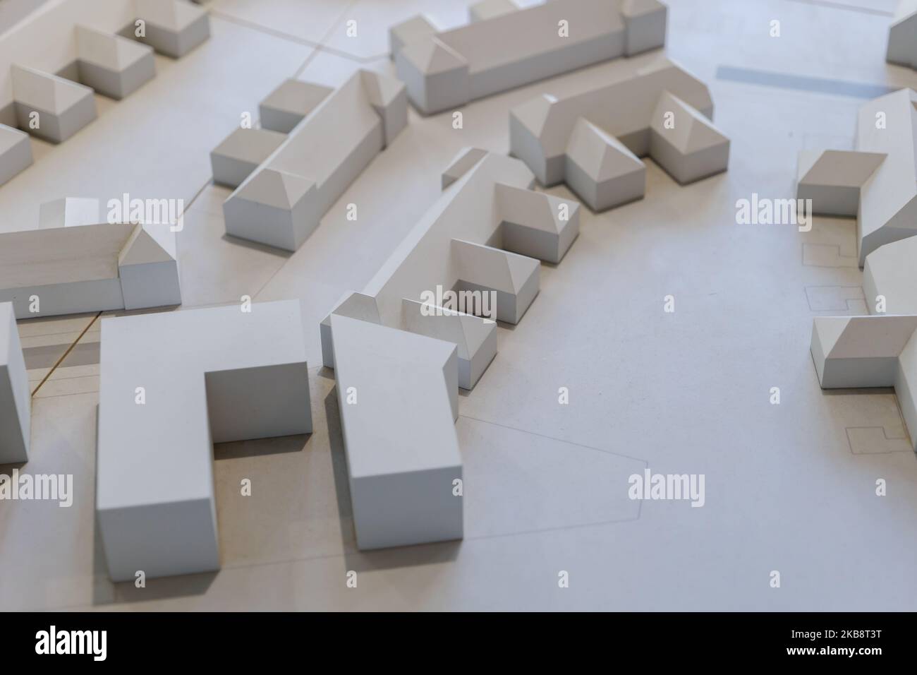 Top view of white architectural models. Architect's design thinking ...