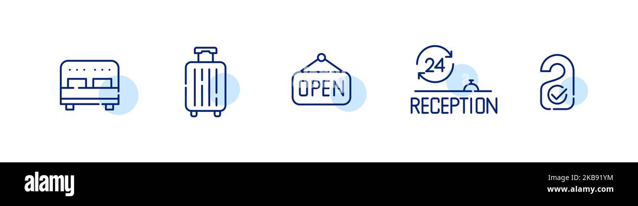 Hotel icons. Double bed, luggage, open sign, 24 hour reception, door ...