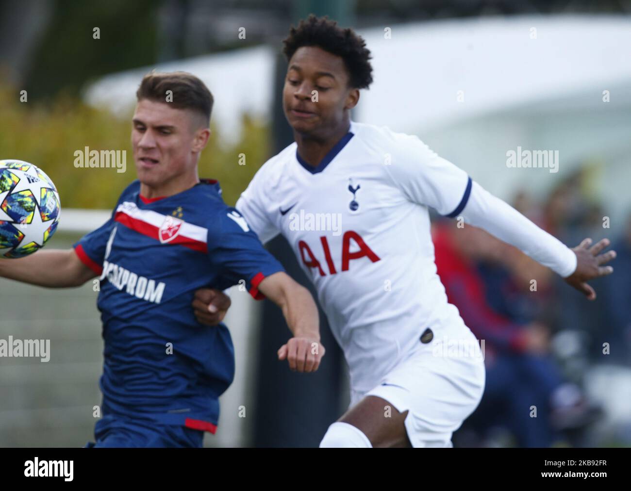 L-R Stefan Mitrovic of Crvena zvezda ( Red Star Belgrade) and Lloyd Bennett J'Neil of Tottenham ...