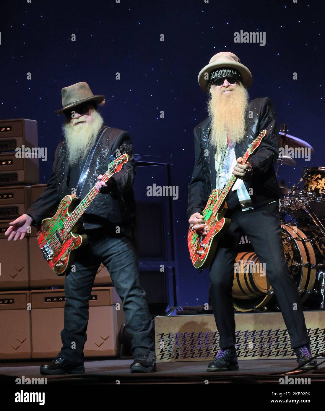 Dusty Hill (left) and Billy Gibbons of the band ZZ Top perform in ...