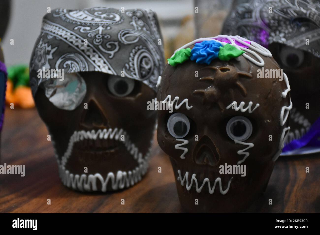 Detail of chocolate skulls are seen during a manufacturing process ...