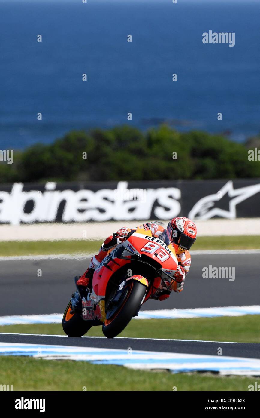 Marc Marquez of Spain rides the Repsol Honda Team bike during practice ...
