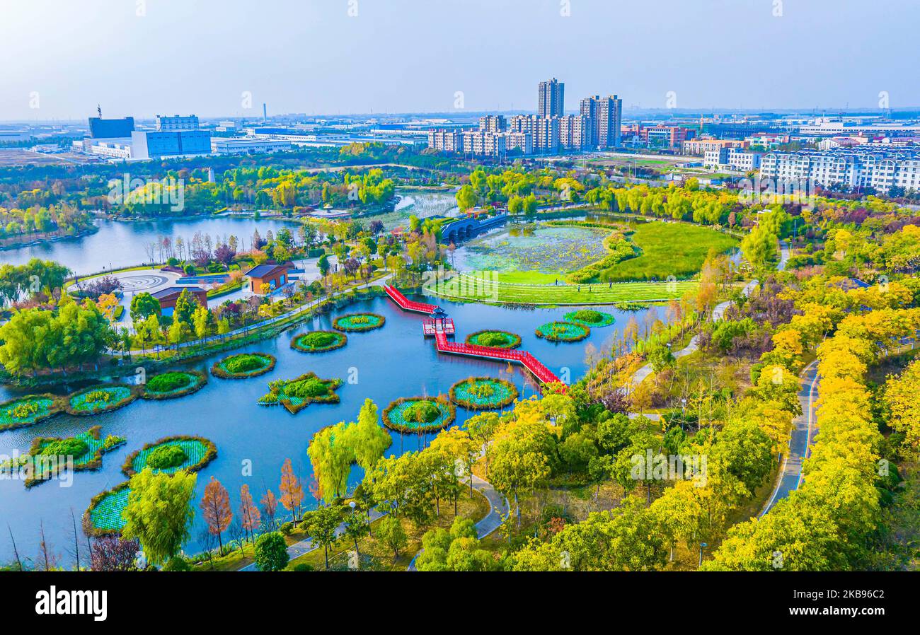 SUQIAN, CHINA - NOVEMBER 3, 2022 - Aerial view of Yuzhu Lake Park in ...