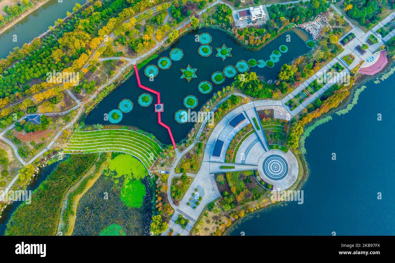 SUQIAN, CHINA - NOVEMBER 3, 2022 - Aerial view of Yuzhu Lake Park in ...
