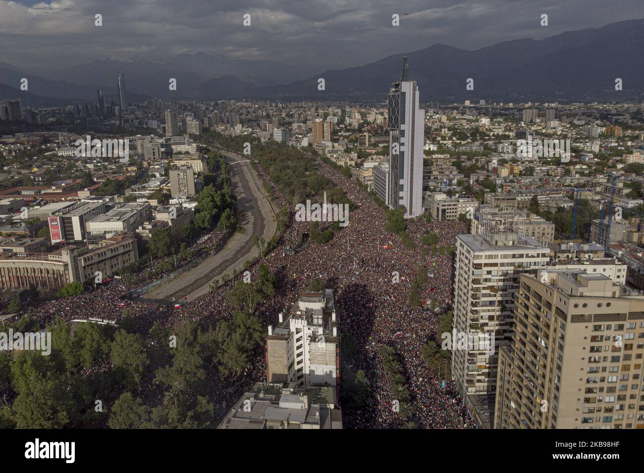 An aerial view of people protest in Santiago, Chile, on October 25 ...