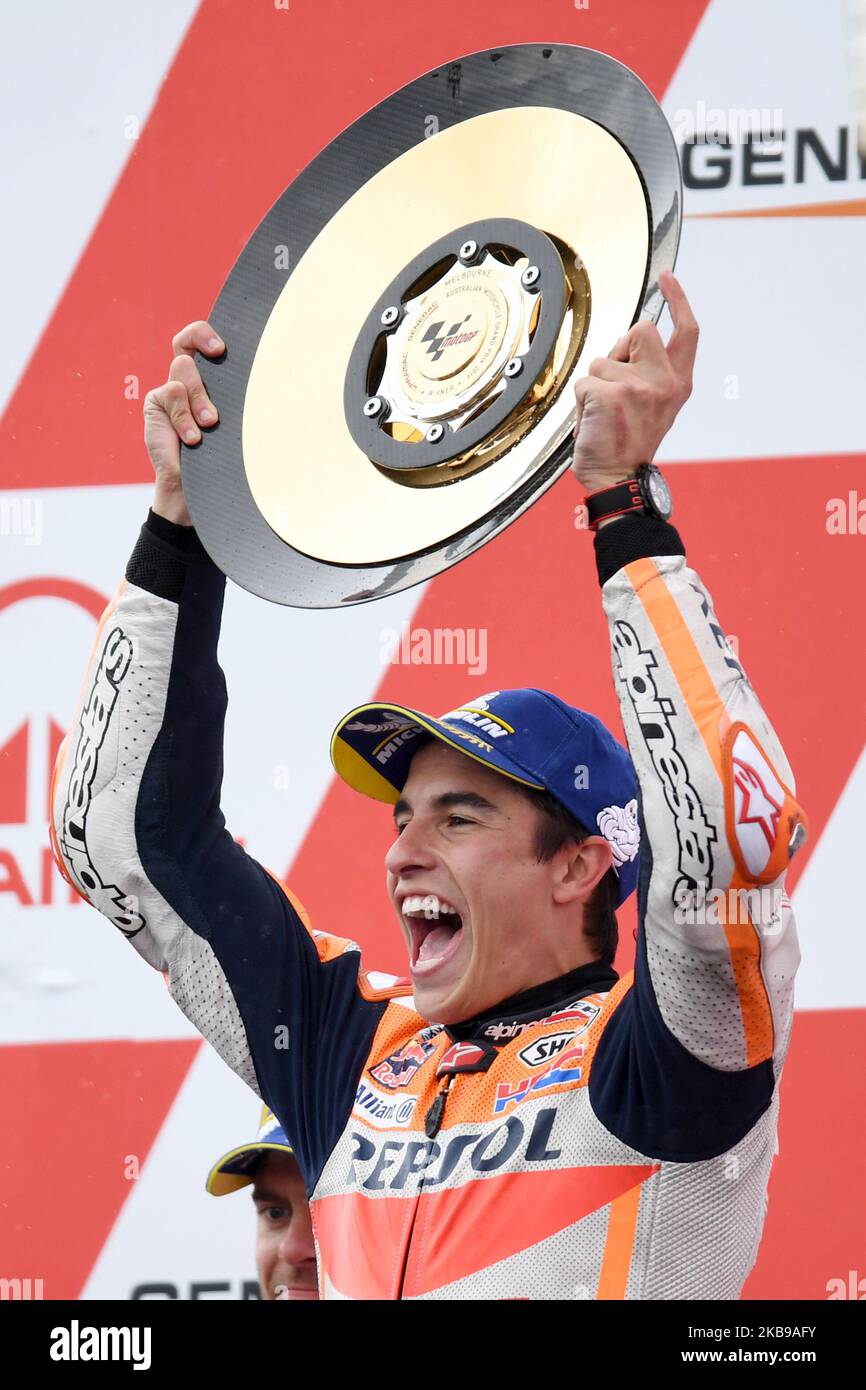 Marc Marquez of Spain celebrates winning the Australian MotoGP race at ...