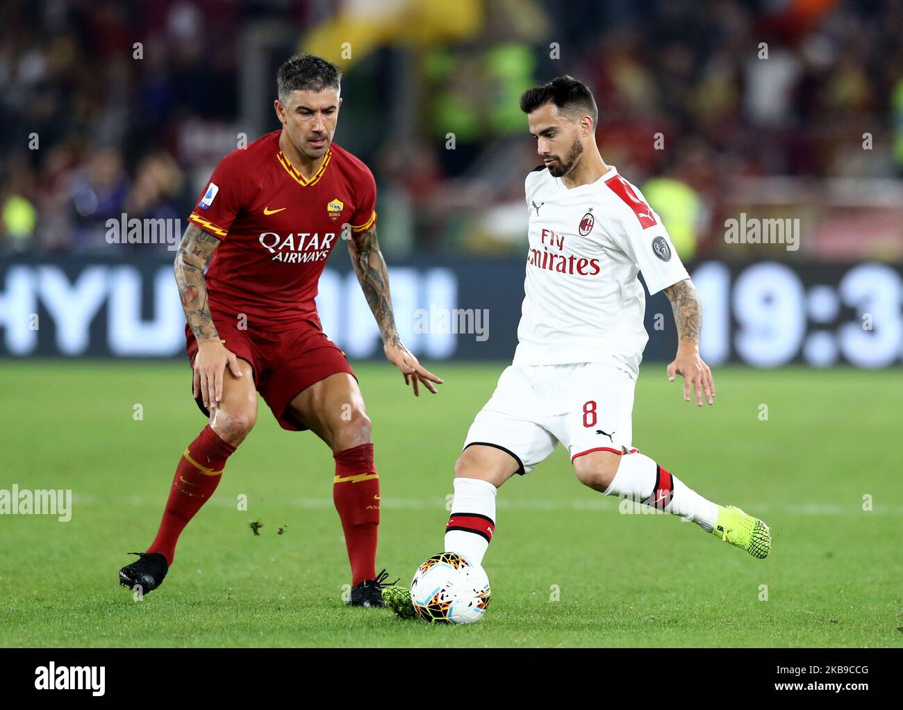 Aleksandar Kolarov of Roma and Suso of Milan during the Serie A match ...