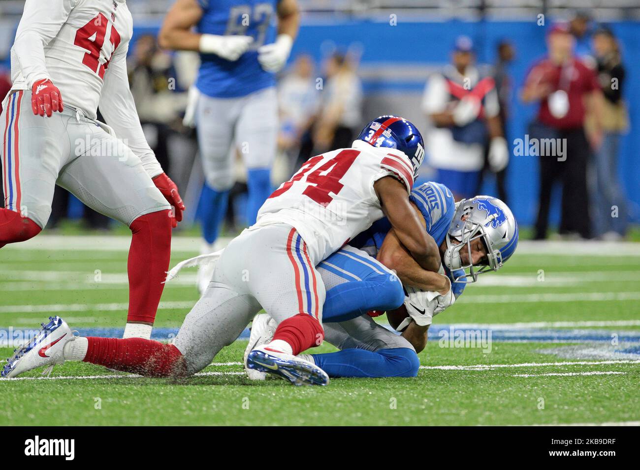 Detroit Lions wide receiver Danny Amendola (80) is tackled by New York ...