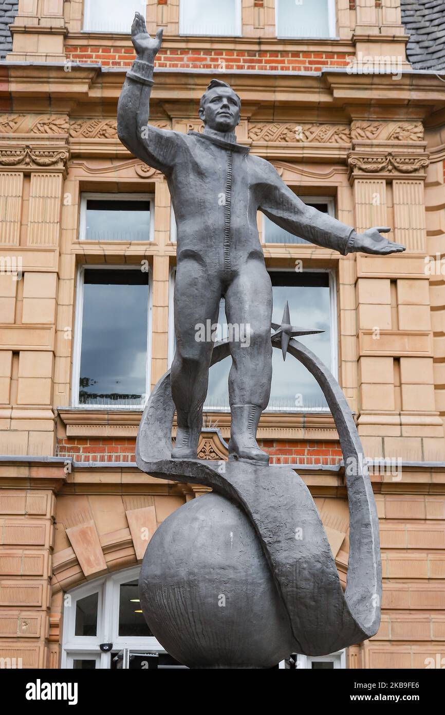Yuri Gagarin statue waving and showing the route of the first person ...