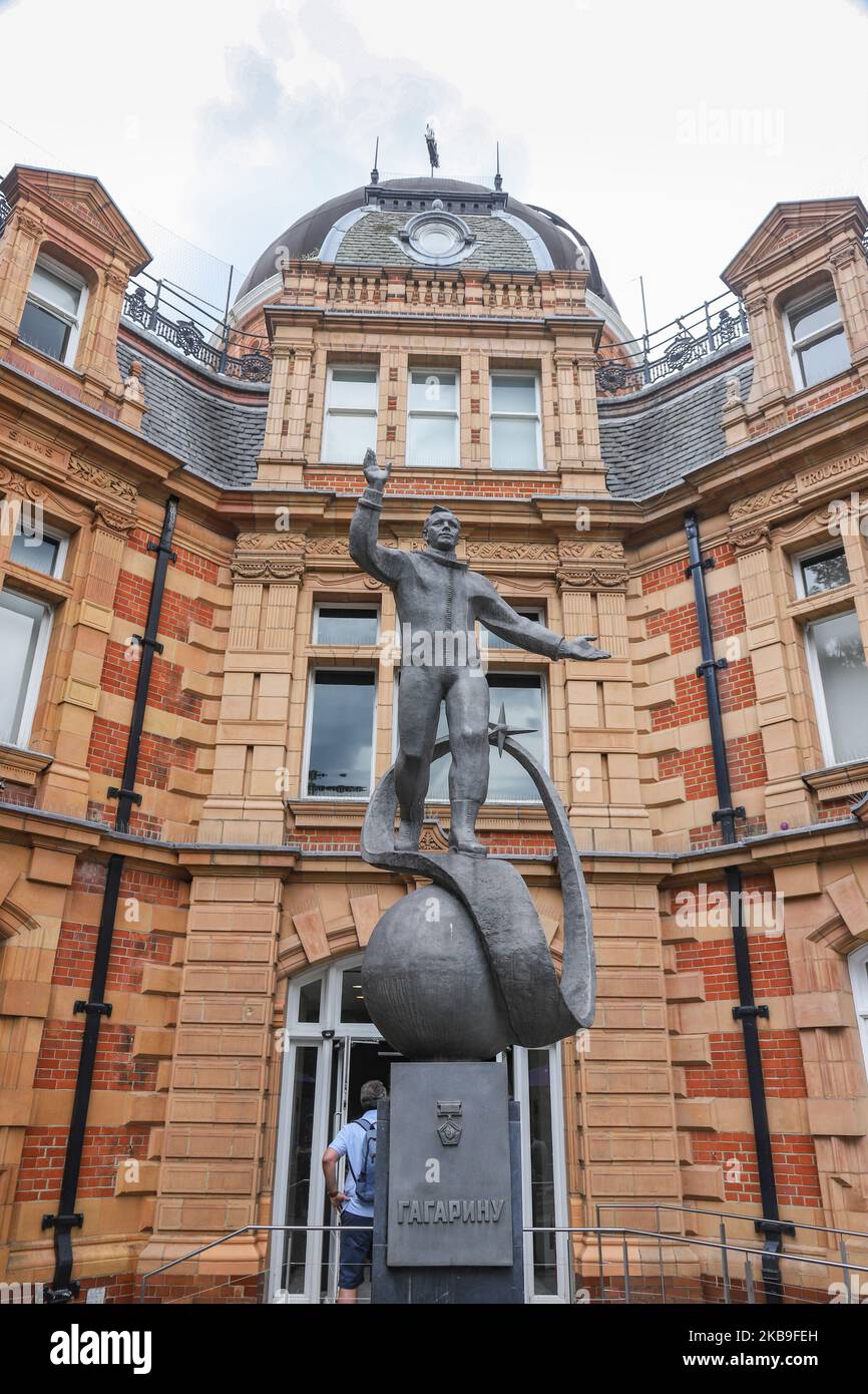 Yuri Gagarin statue waving and showing the route of the first person ...