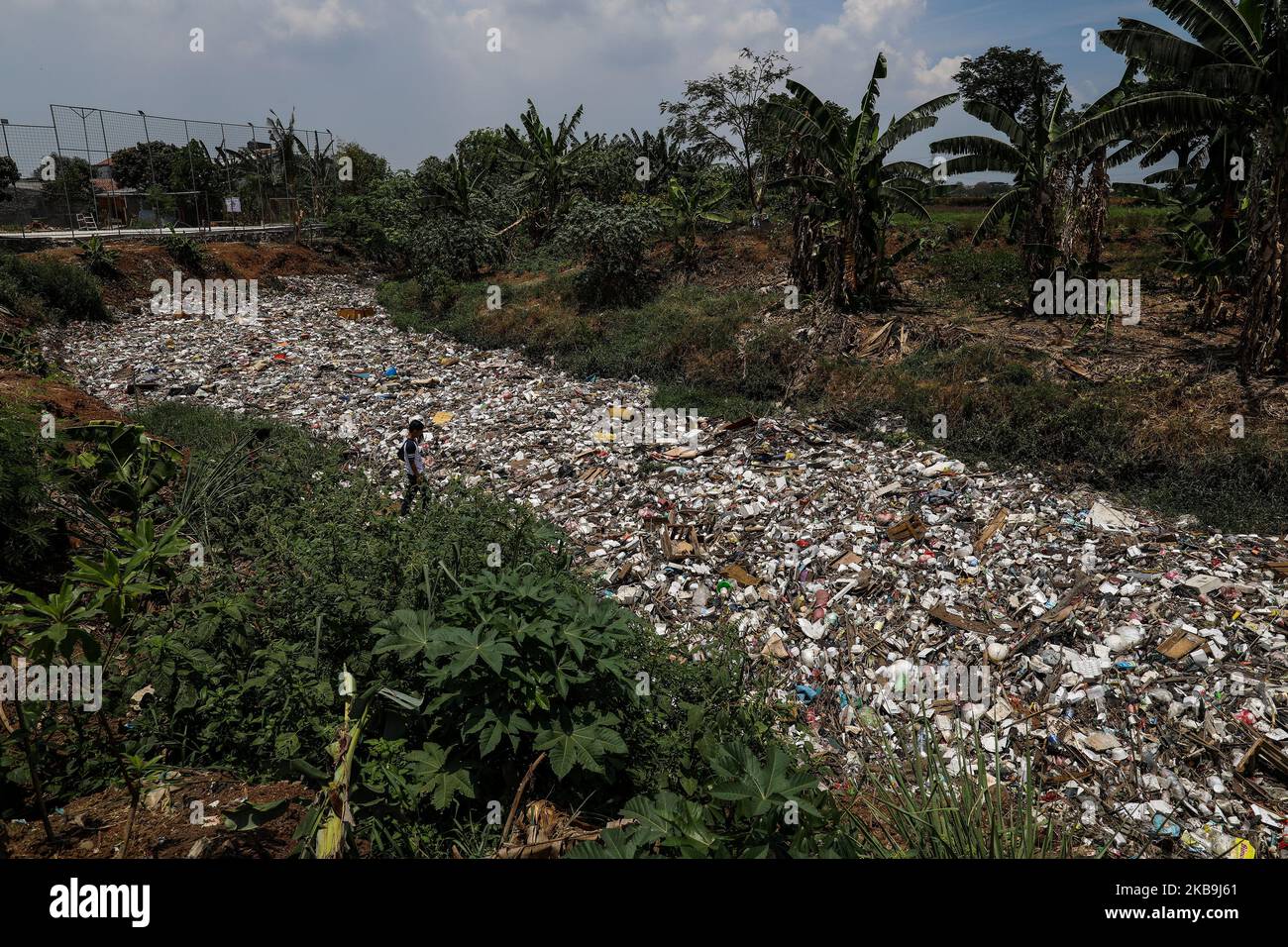 A man looks on a river covered by garbage in Bekasi, West Java ...