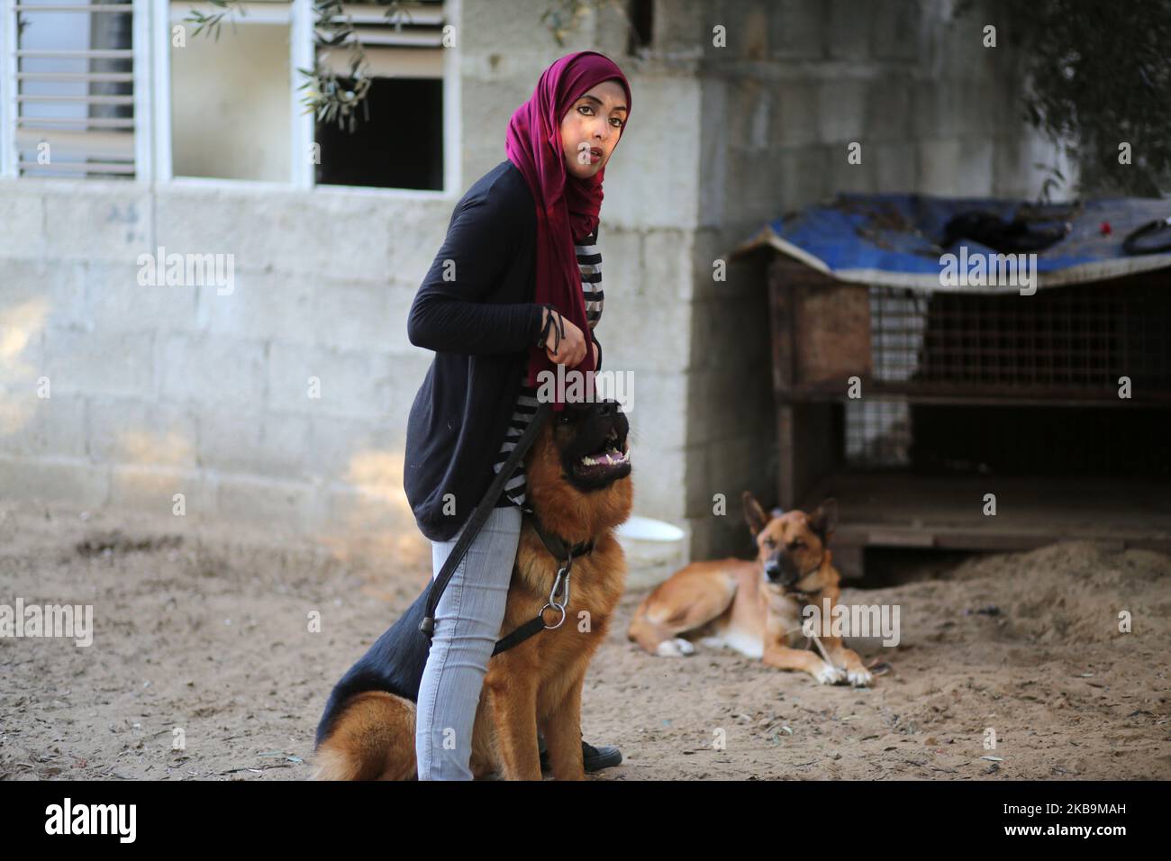 Palestinian woman Talya Thabet teaches a dog obedience commands in the ...