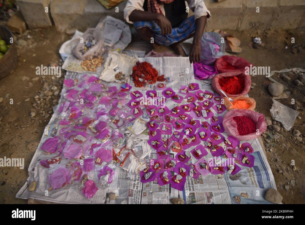 Nepalese Hindu Devotee selling rituals offering for the celebration of ...