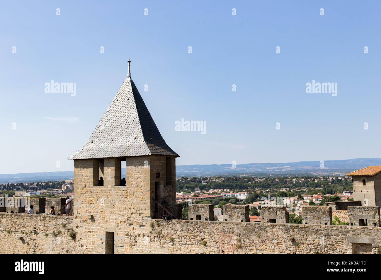 Carcassonne, France, August 4, 2019. A tower of the city of Carcassonne ...