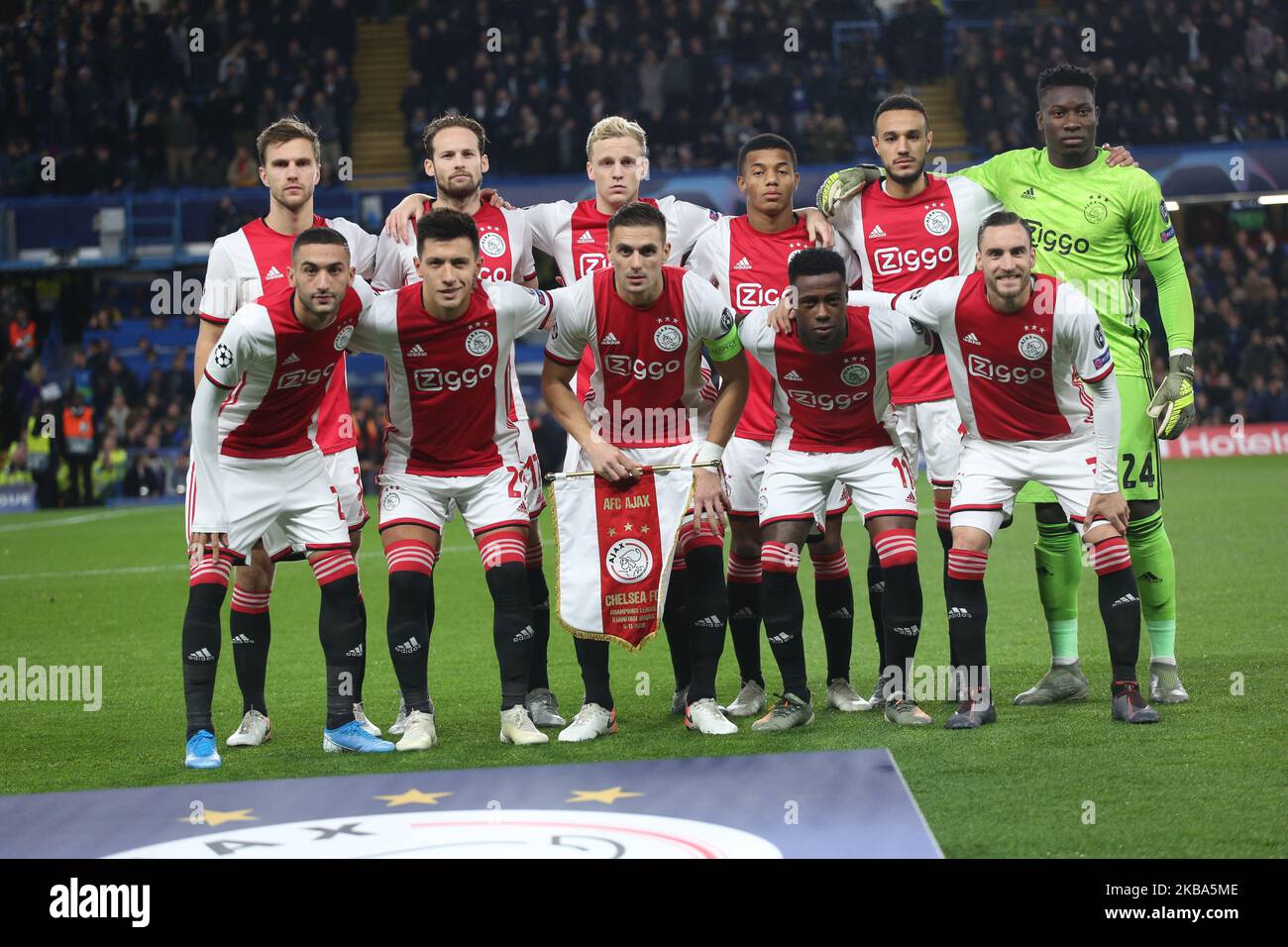 Ajax squad pictured during the 2019/20 UEFA Champions League Group H game between Chelsea FC ...