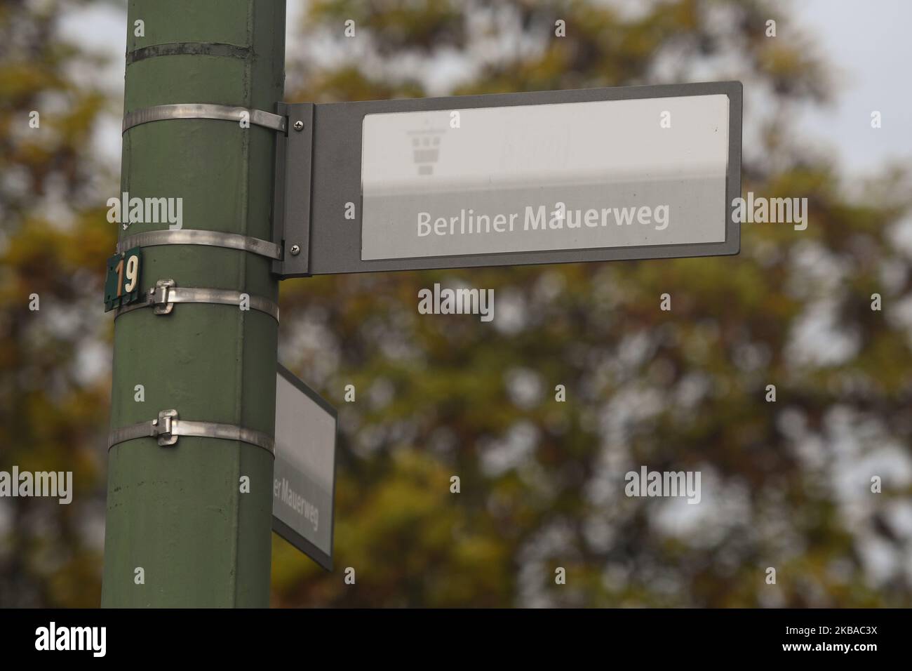 Berlin Wall sign seen at the corner of Liesenstrasse and Chaussestrasse ...