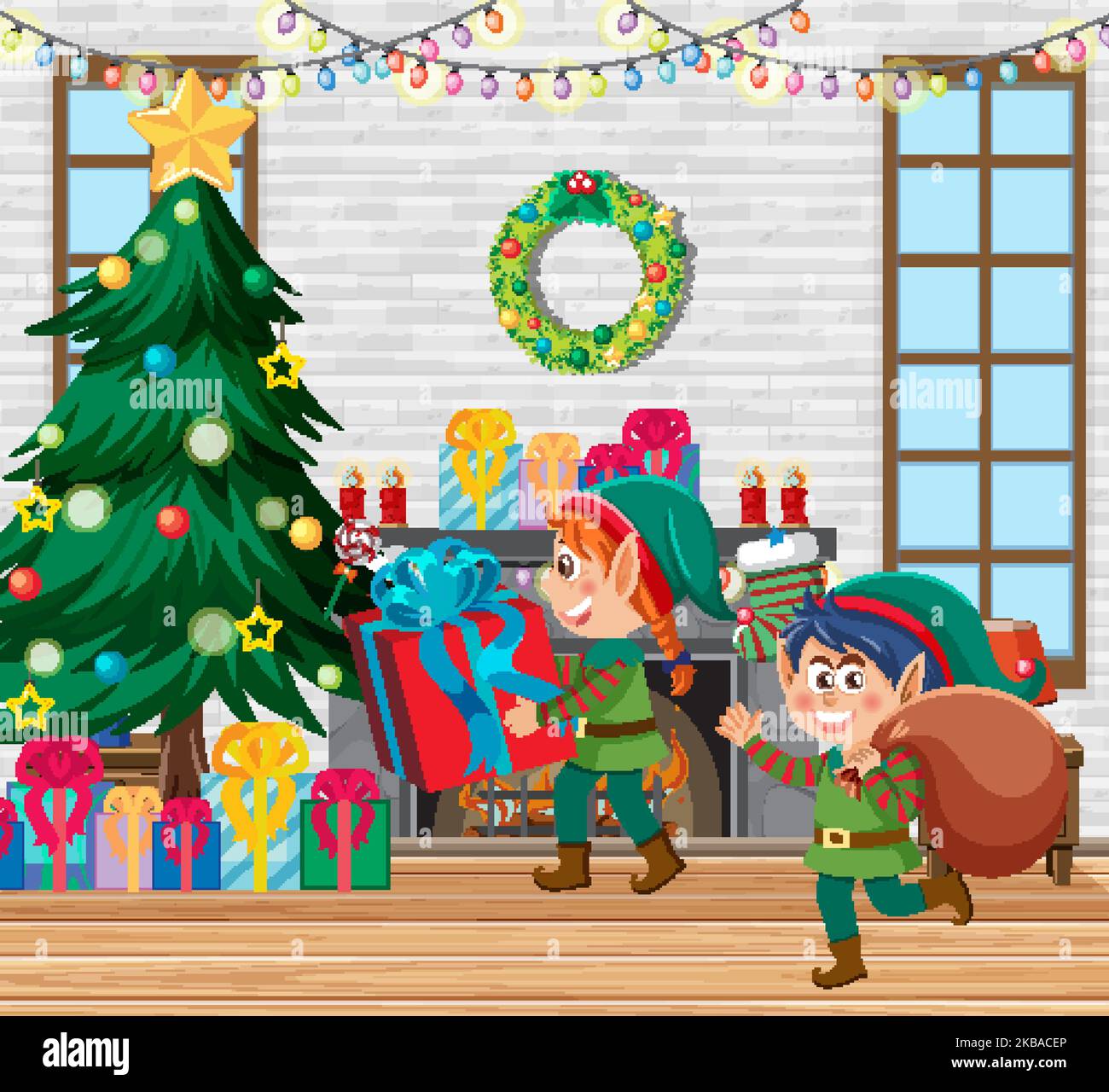 Christmas elf kids in the room scene illustration Stock Vector Image ...
