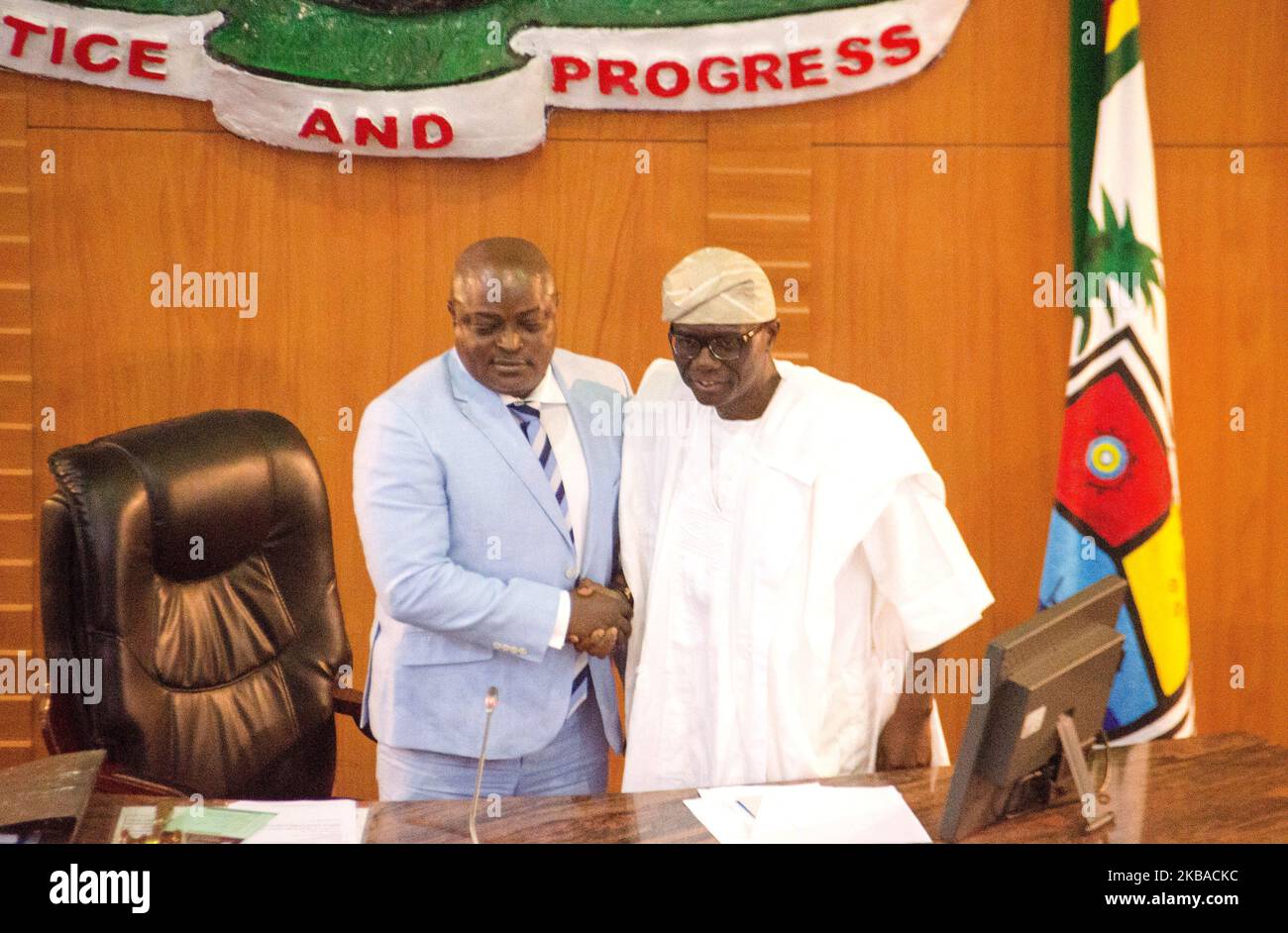 Lagos State Governor Babajide Sonwo-Olu flanked by the Speaker of Lagos State House of Assembly ...