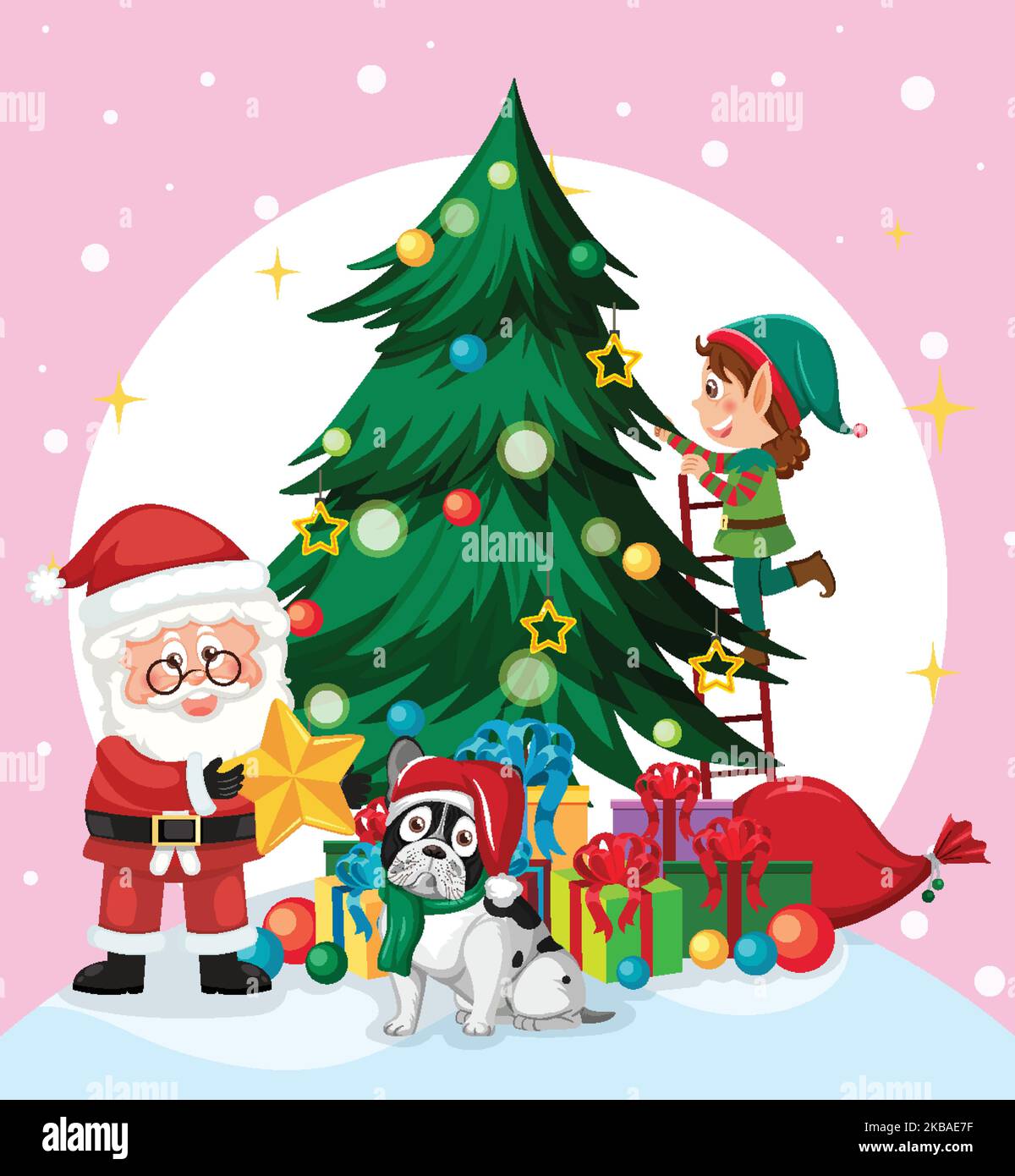Christmas tree with elves cartoon character illustration Stock Vector ...