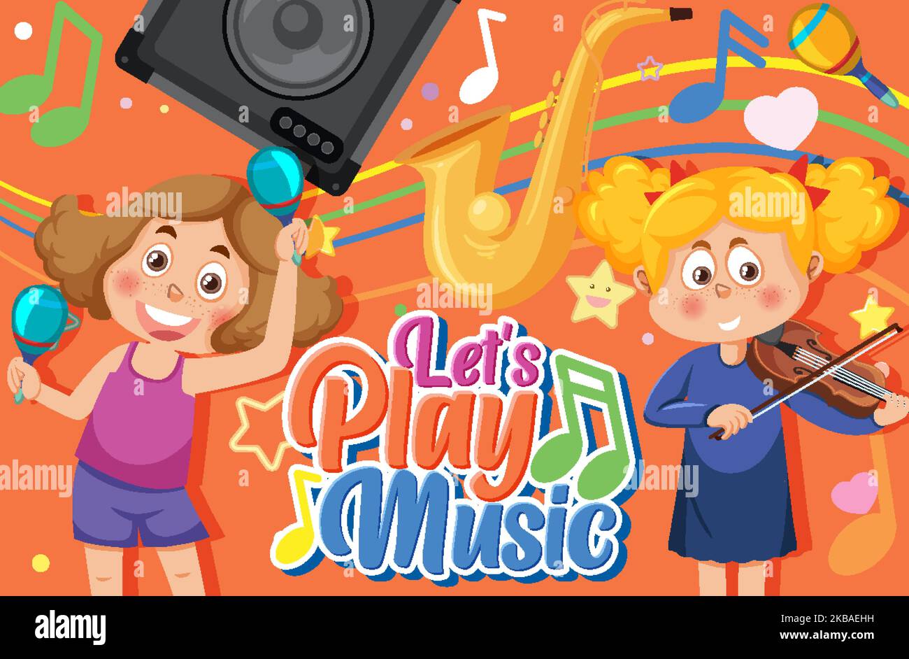 Lets play music text with children cartoon illustration Stock Vector ...