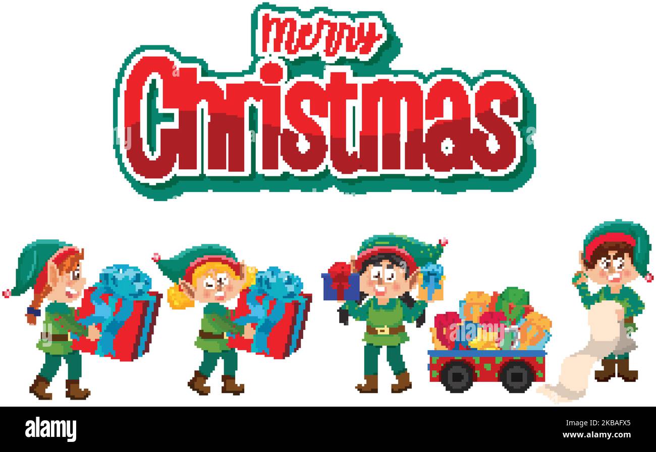 Merry Christmas text with elves cartoon character illustration Stock ...