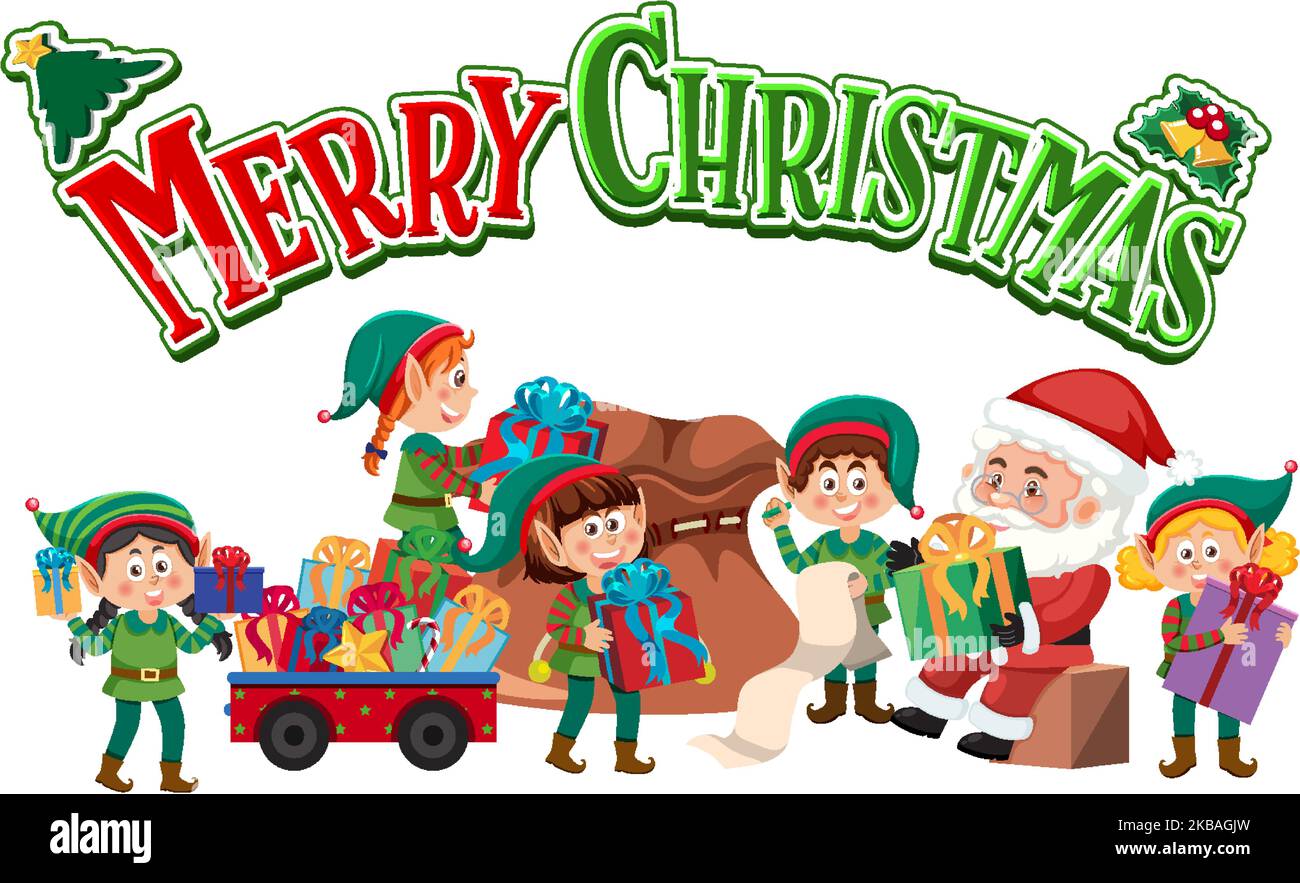 Merry Christmas text with elves making Christmas tree illustration ...