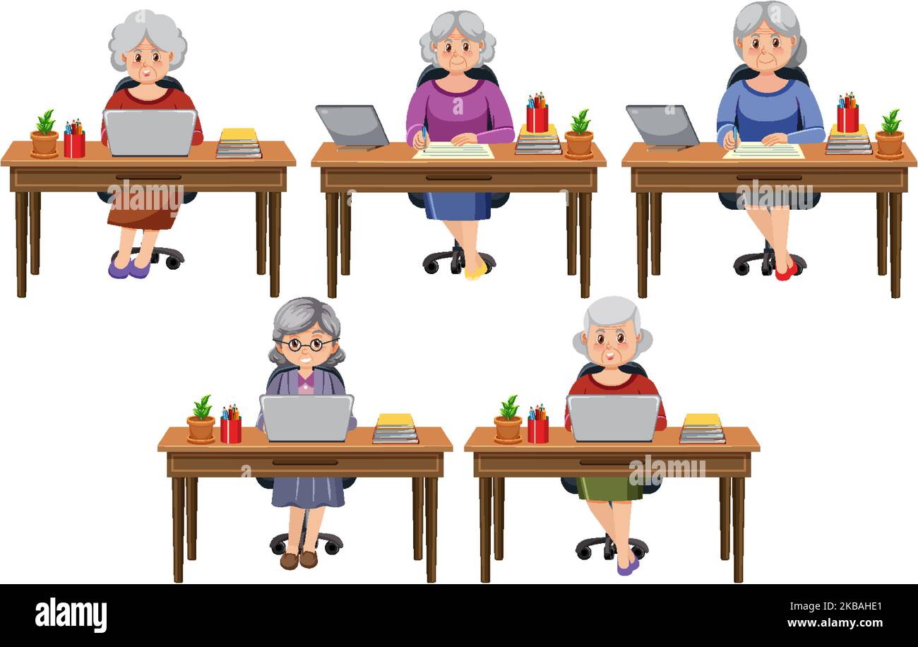 Old woman sitting in front of computer illustration Stock Vector Image ...
