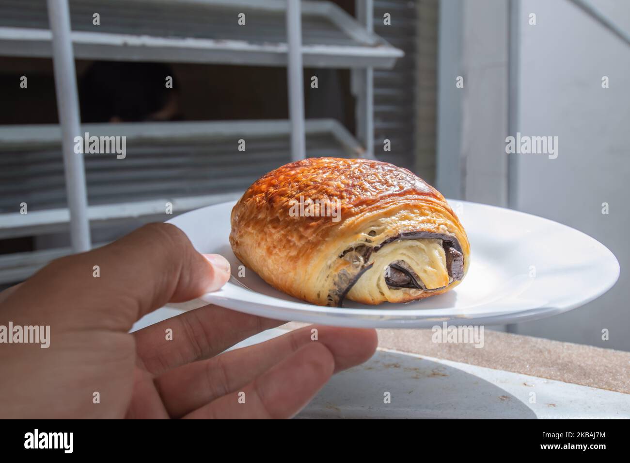 Pain au Chocolat on a white dish with natural light "chocolate bread ...