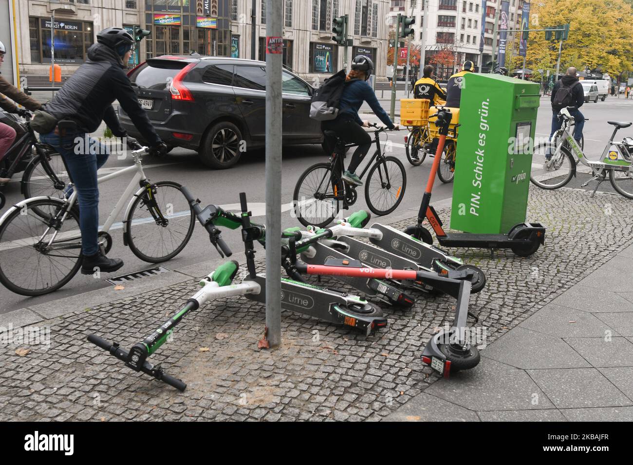 An example of electric scooters left in Berlin city. On Thursday ...