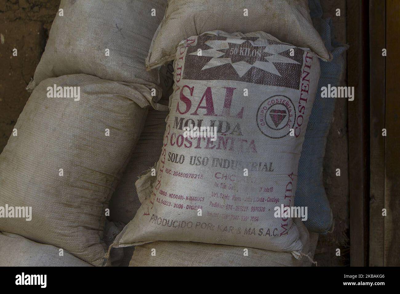 Bags of salt collected from the salt evaporation ponds located in the ...
