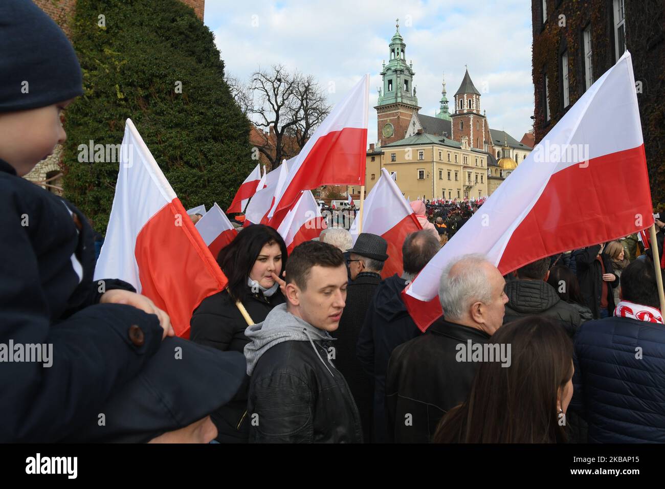 A huge crowd with Polish national Flags seen at Wawel Castle during ...