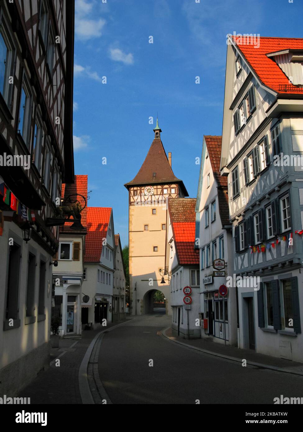 View of trough Lange Street to Beinsteiner town gate in Waiblingen, Baden-Wurttemberg, Germany ...