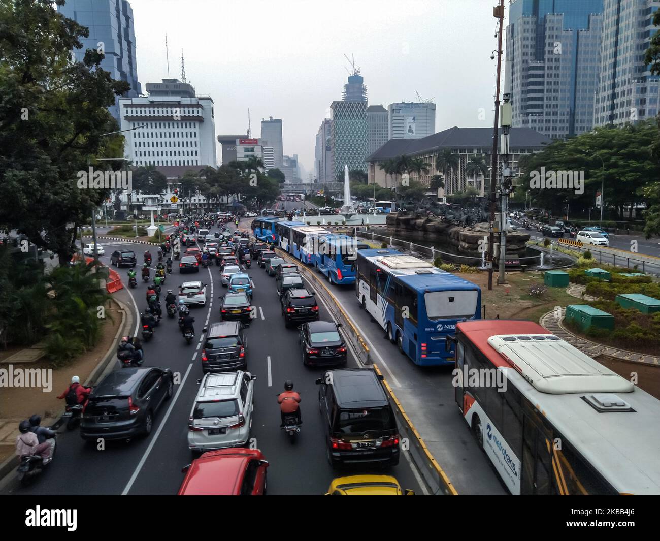Traffic jams during rush hour in Central Jakarta, Indonesia on November 13, 2019. Jakarta is a ...