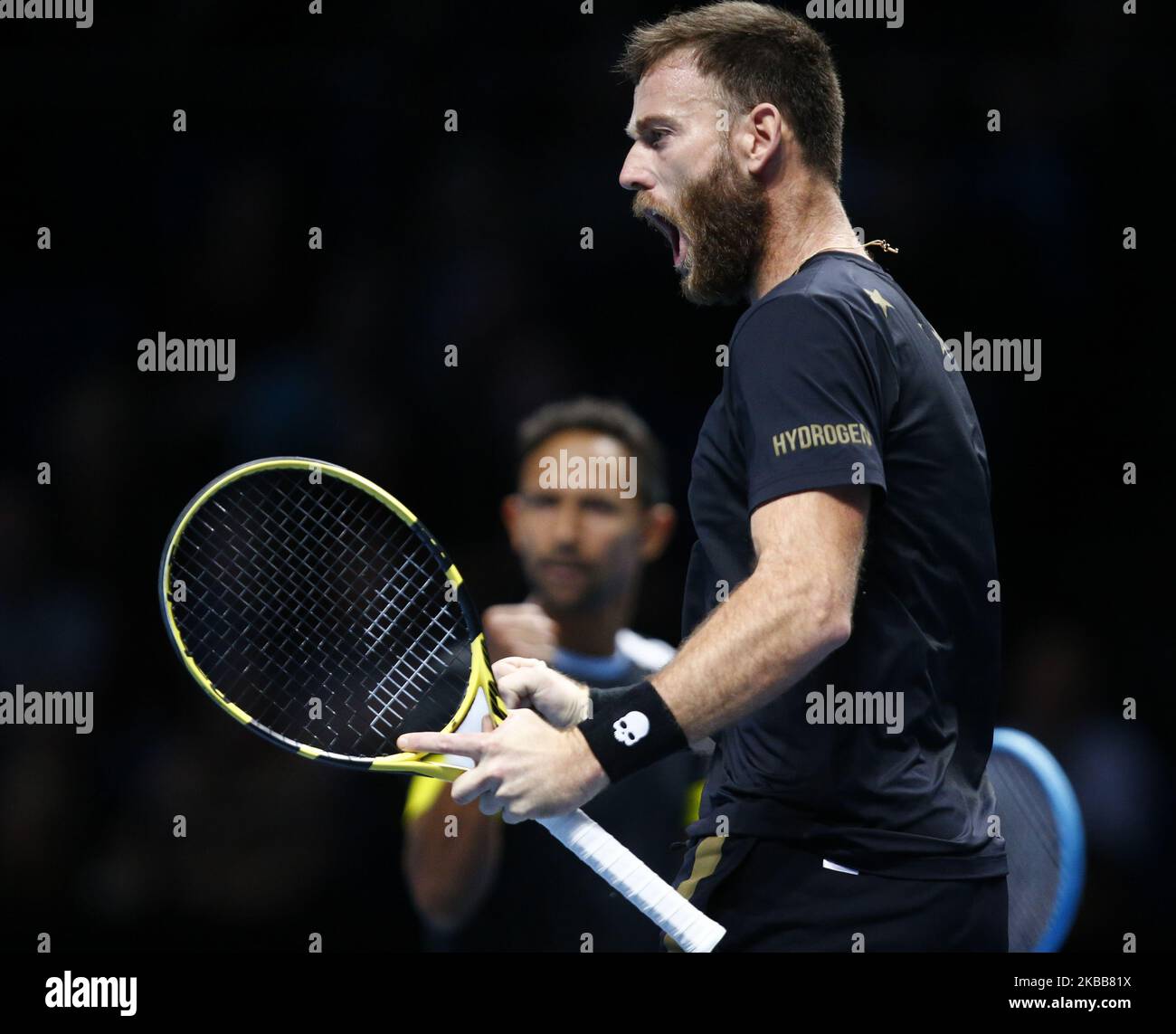 Michael Venus (NZL) celebrates a point during Doubles Championship Semi ...
