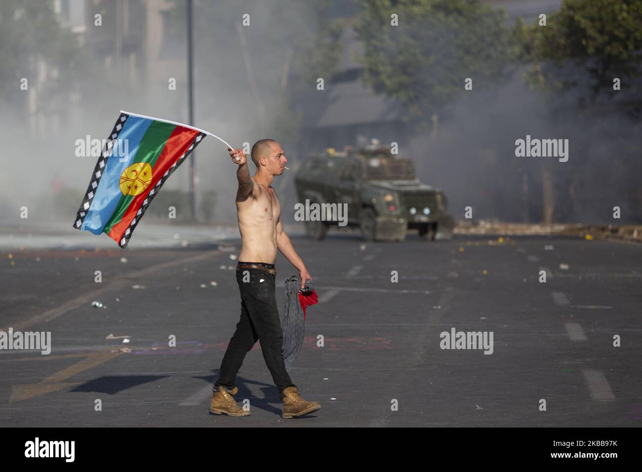 A demonstrator holds a Mapuche flag during a protest against Chile's ...
