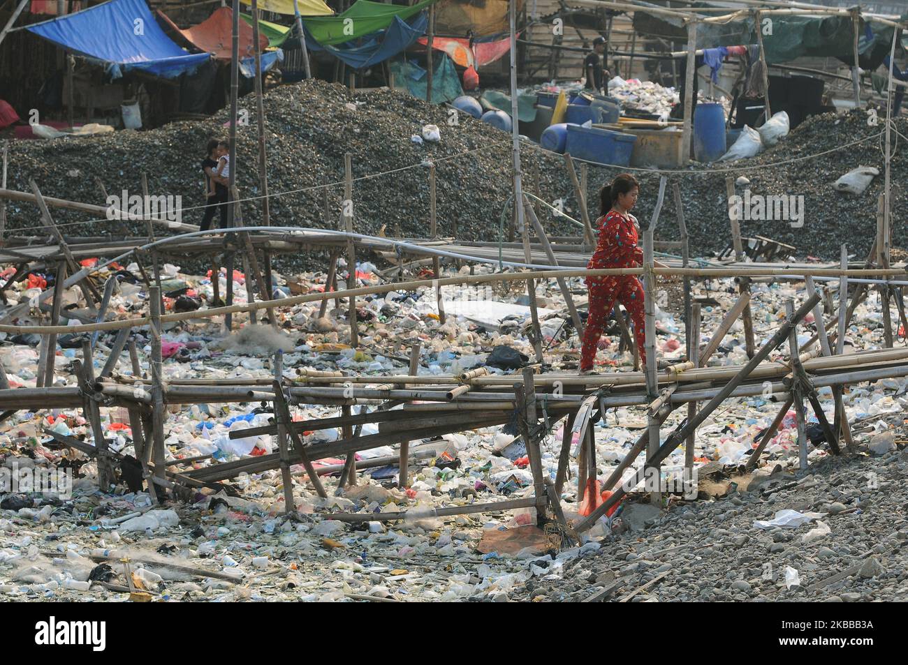 Children cross a bamboo bridge in a slum on the coast, Cilincing ...