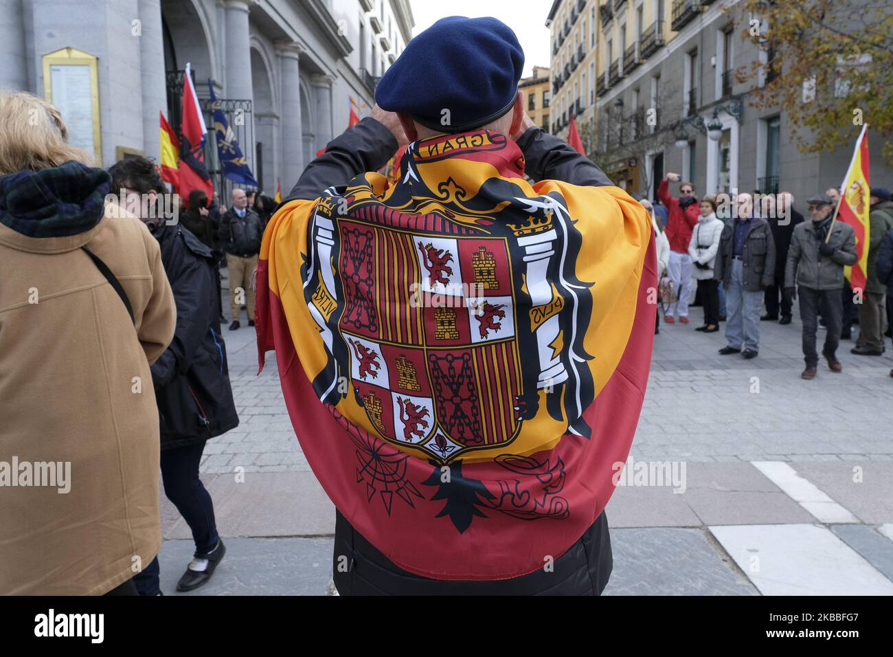Far-right group Falange members hold a giant banner reading ''Fo Spain ...