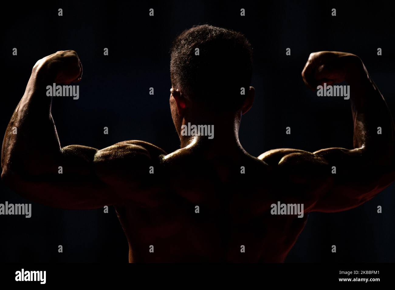 Male bodybuilding athlete poses on stage during the 46th State and ...