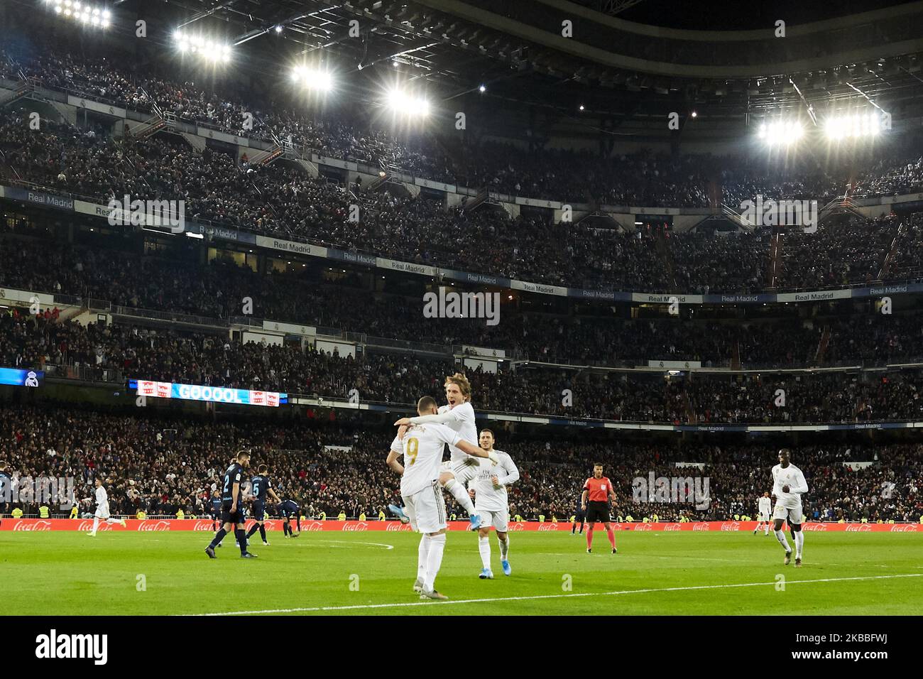 Karim Benzema and Luka Modric of Real Madrid celebrate goal during La ...