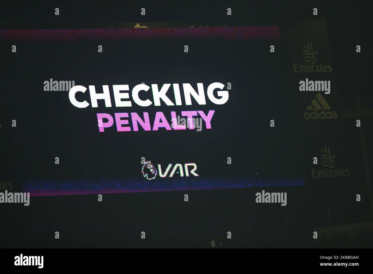 A large screen advises the crowd about a VAR moment during English ...