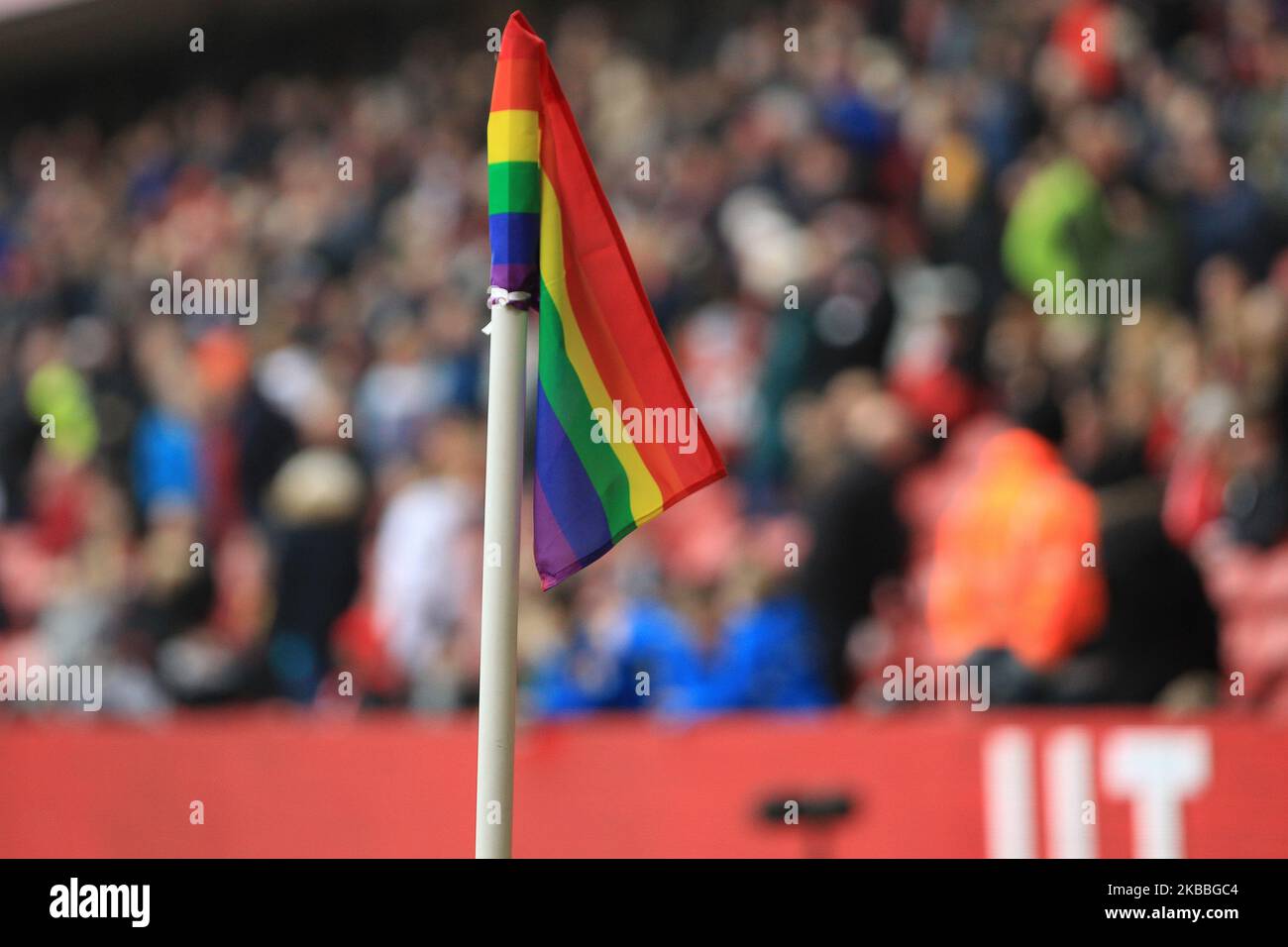 A general view of a rainbow coloured corner flag during the Sky Bet ...