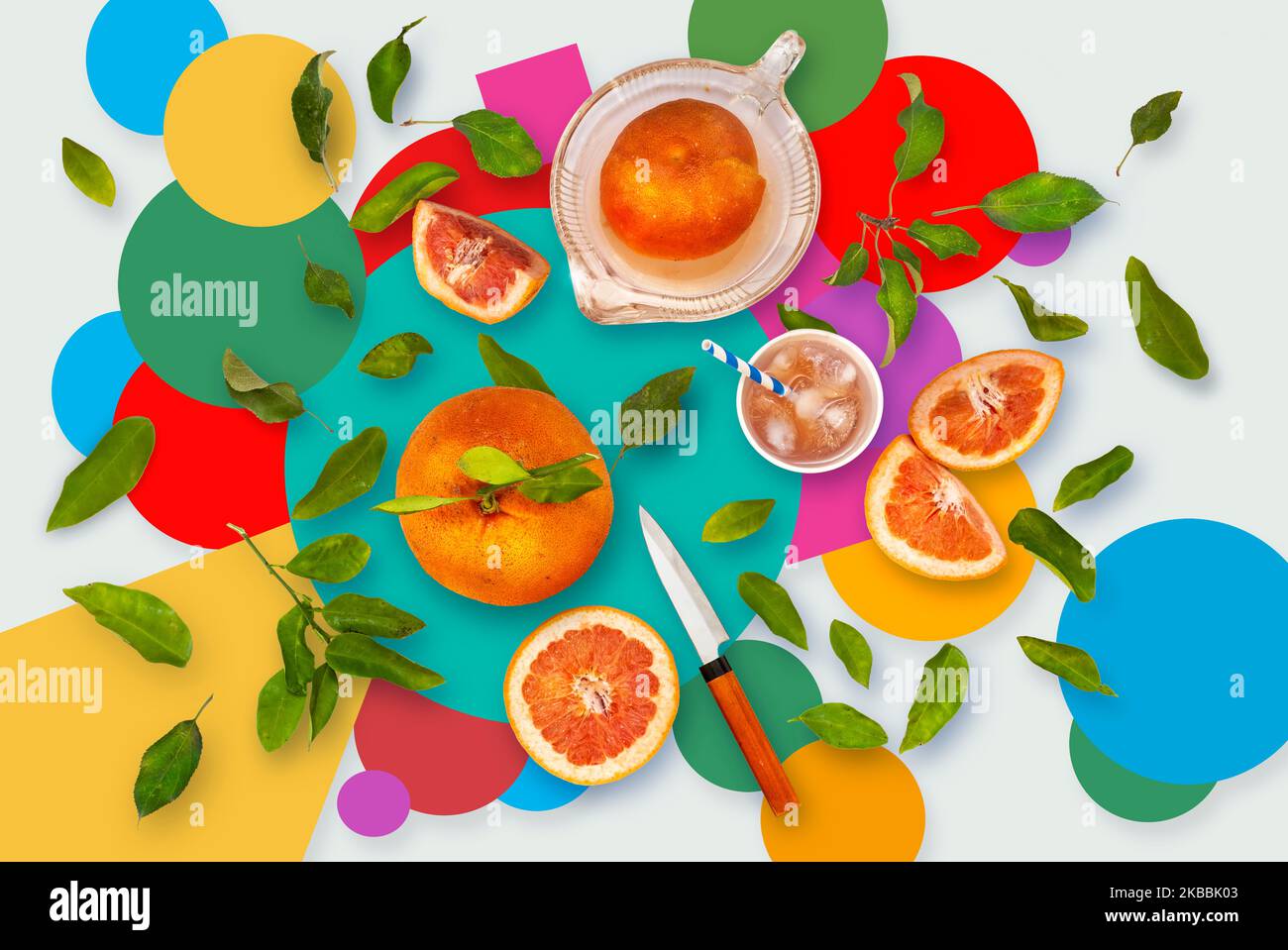 Grapefruit ripe fresh whole, slices and juice on colorful background ...