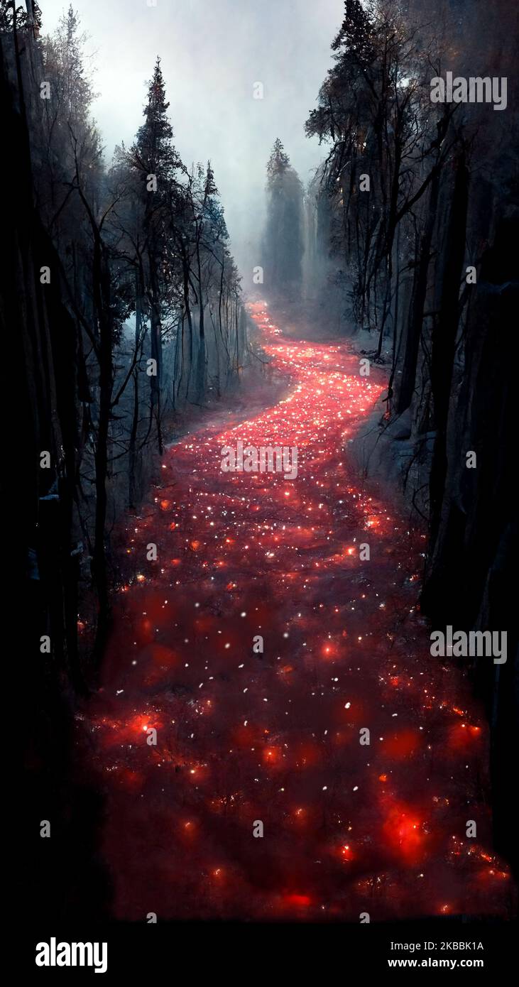 Mystery background red river flowing in dark forest. Fantasy fairytale ...